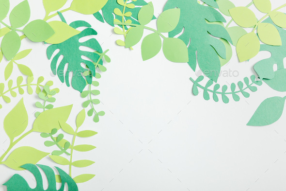 top view of green paper plants with leaves on grey background Stock ...