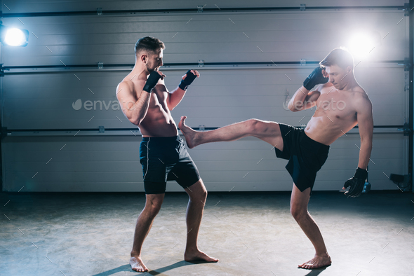 side view of muscular barefoot mma fighter kicking sportive opponent ...