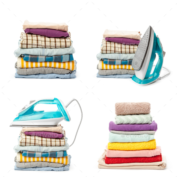 stacks of clothing collection isolated on white Stock Photo by FabrikaPhoto