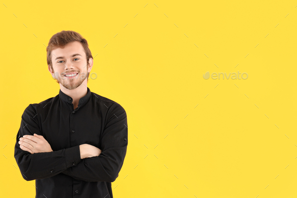 Concept of people, young man on yellow background Stock Photo by ...