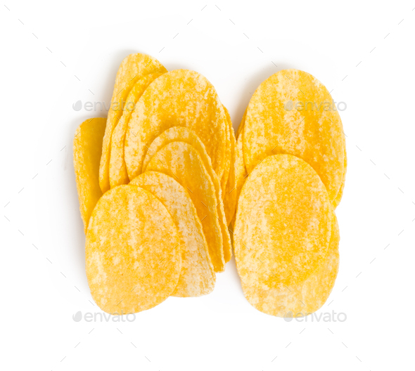 yellow potato chips isolated on white Stock Photo by FabrikaPhoto ...
