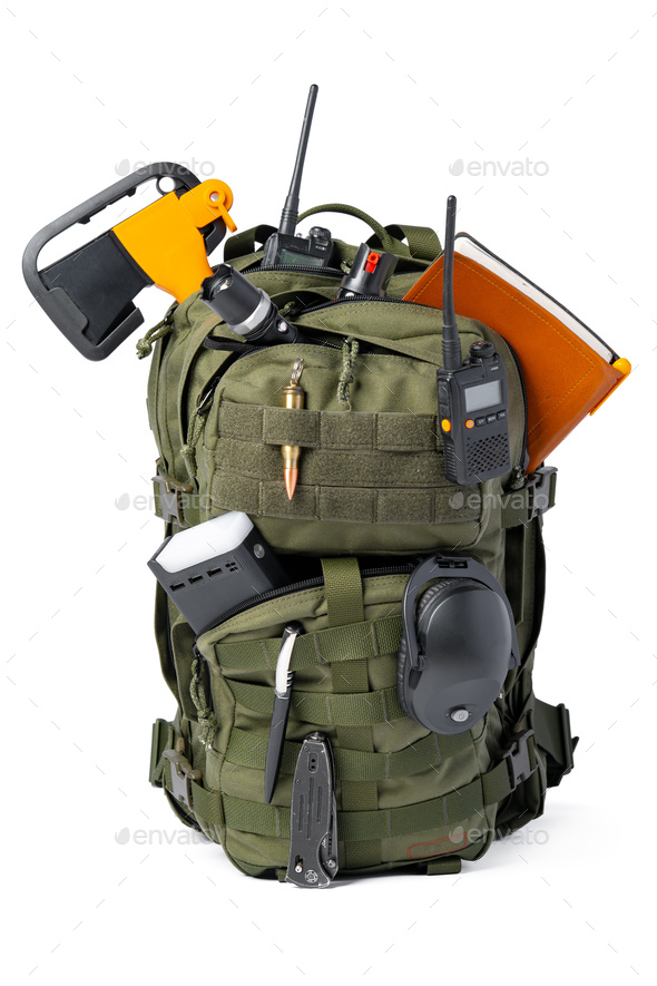 Open military backpack of khaki color on a white background Stock Photo ...