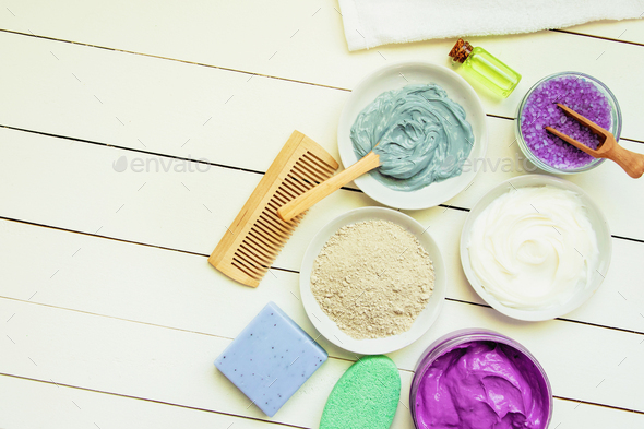 Cosmetic objects for spa procedures on a white background. Selective ...