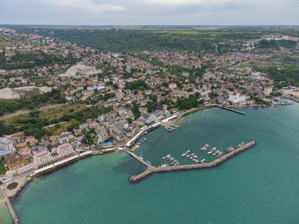 Aerial view of The town of Balchik on the Black sea coast, Bulgaria ...