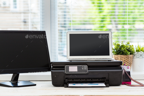Printer and computer. Office table Stock Photo by FabrikaPhoto | PhotoDune