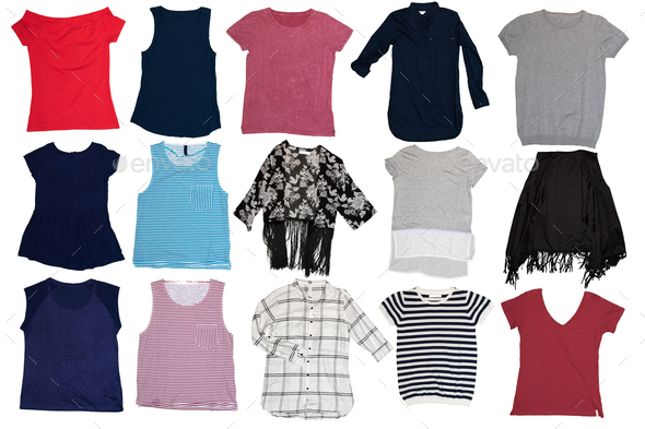 collage of clothes on a white background Stock Photo by FabrikaPhoto