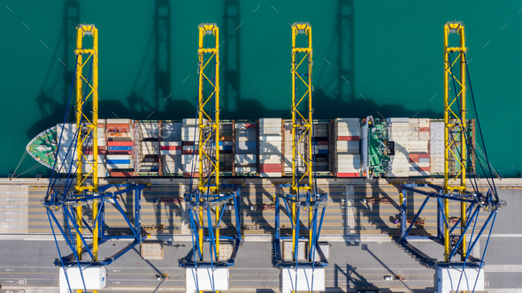 Aerial view container ship seaport freight shipping maritime vessel ...