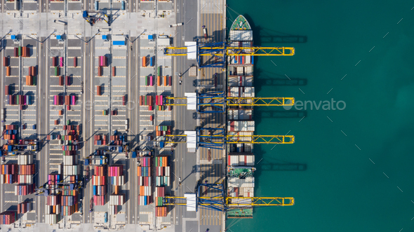 Aerial view container ship seaport freight shipping maritime vessel ...
