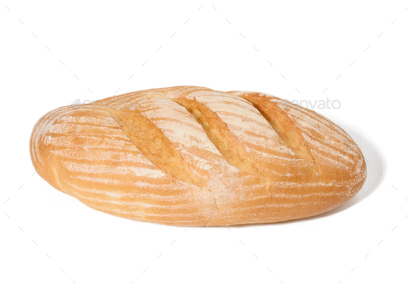 Oblong baked bread made from white wheat flour on a white plate, crispy ...