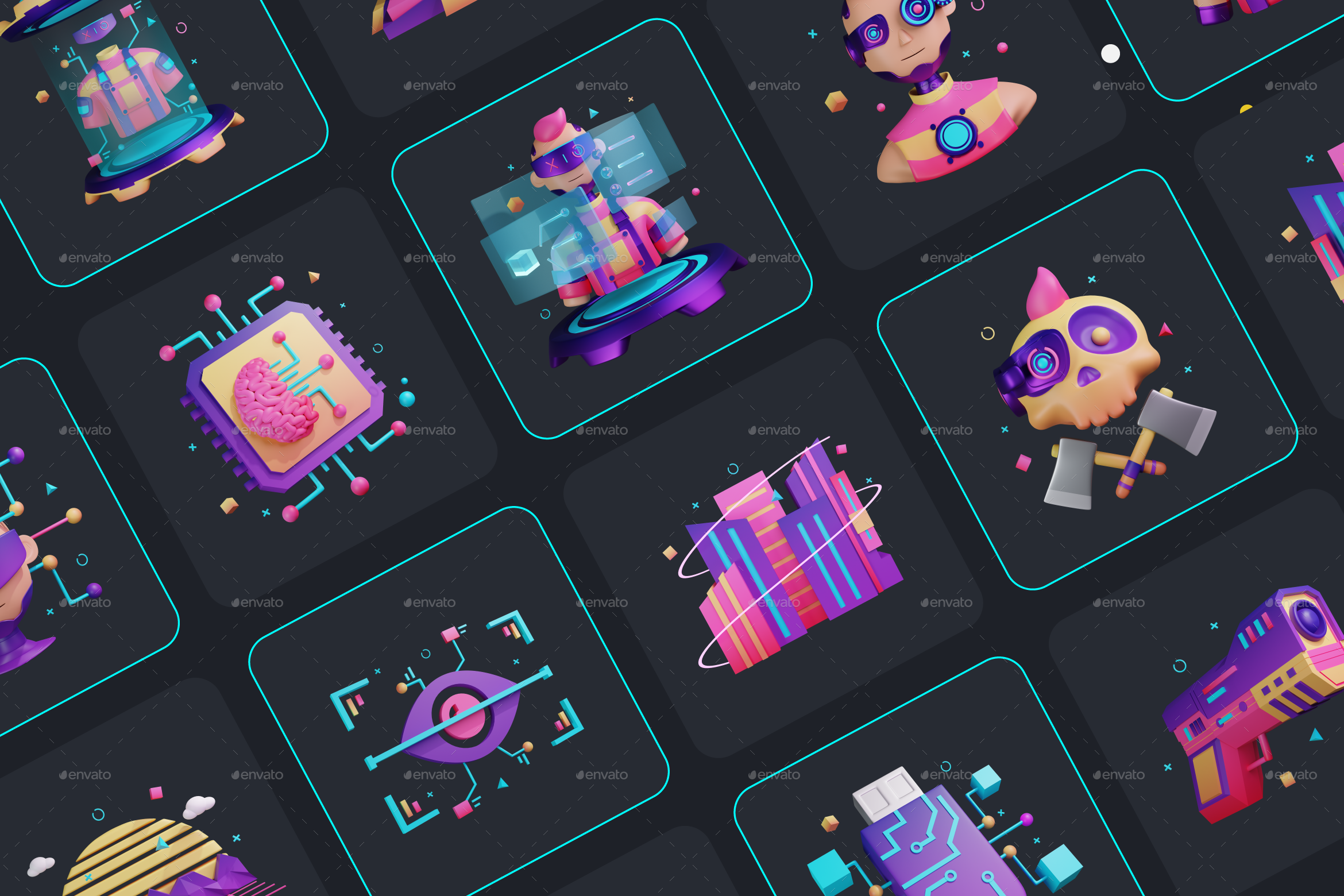 Cyberpunk Futuristic 3D Icon Set, Graphics | GraphicRiver