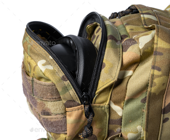 Open military backpack of khaki color on a white background Stock Photo ...