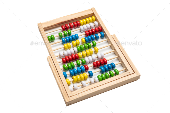 School abacus with colorful beads isolated, white background. Calculate ...