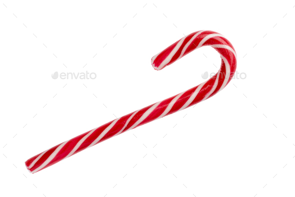 Mint striped hard candy cane in traditional Christmas colors isolated ...