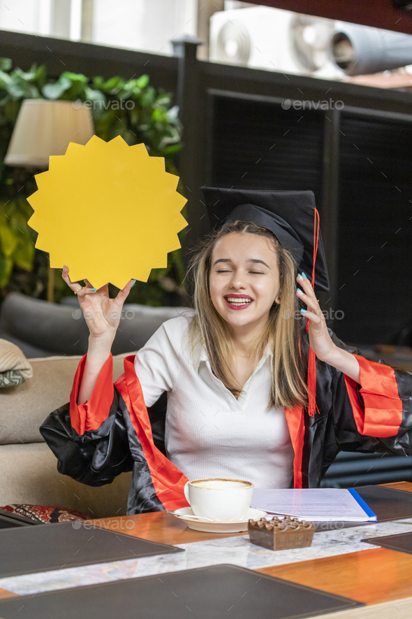 Vertical photo of young lady holding idea board and smiling to the ...