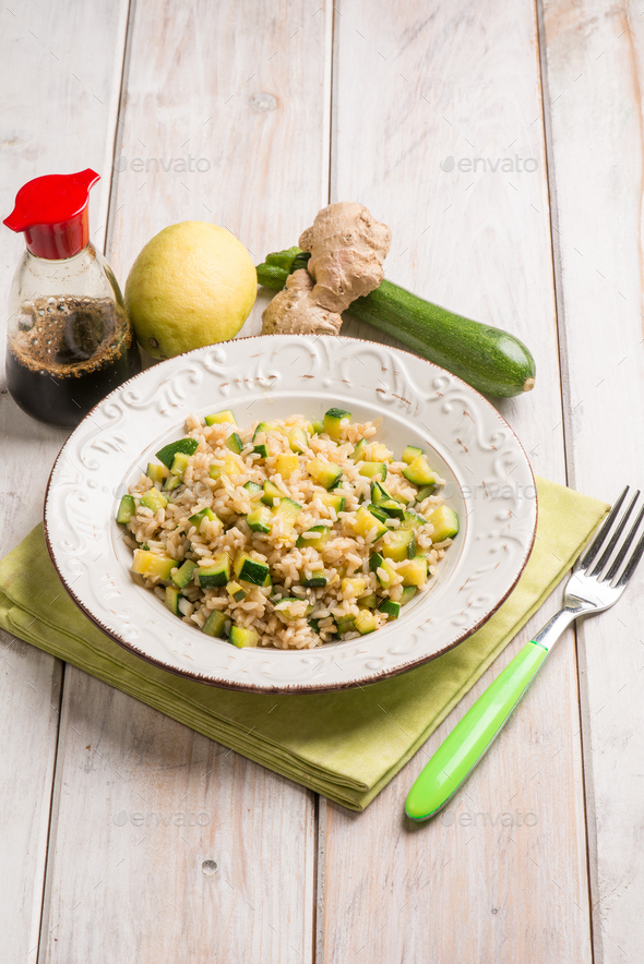 risotto with soy sauce zucchinis and ginger Stock Photo by MarcoMayer