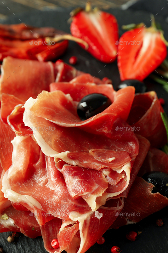 Concept of delicious food with jamon, close up Stock Photo by AtlasComposer
