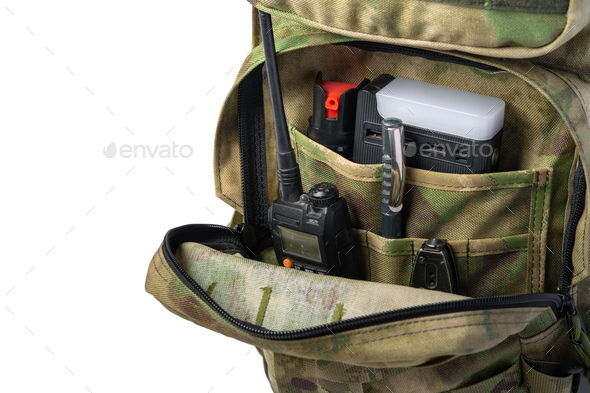 Open military backpack of khaki color on a white background Stock Photo ...