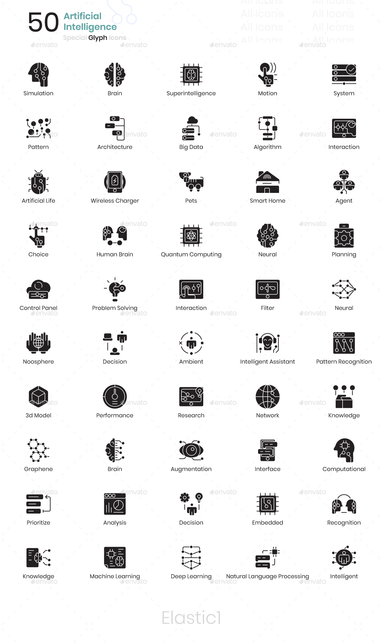Artificial Intelligence Glyph Icons by Elastic1Studio | GraphicRiver