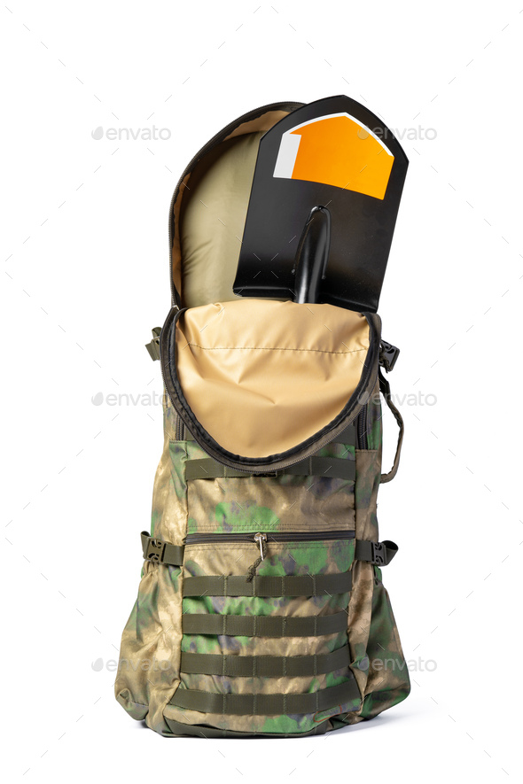 Open military backpack of khaki color on a white background Stock Photo ...