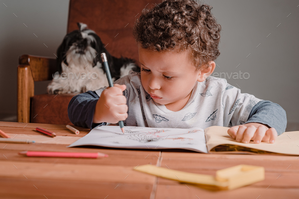 Child accompanied by his pet while doing school drawing tasks. Study at ...