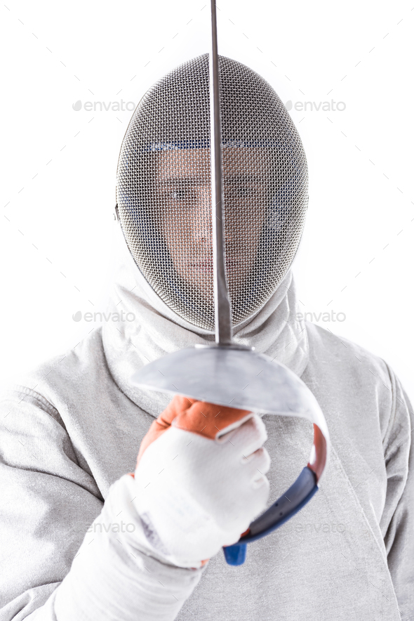 portrait of fencer in uniform holding rapier in hand isolated on white ...