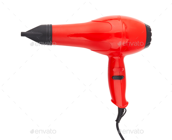 Red hair dryer isolated on a white background Stock Photo by pioneer111