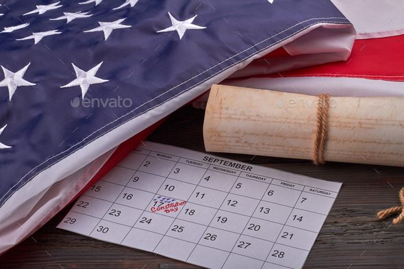 Close-up calendar with september 17th with scroll and US flag. Stock ...