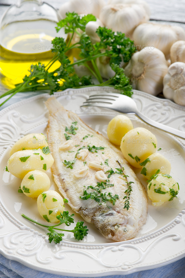 sole fish with potatoes.sogliola con patate Stock Photo by MarcoMayer