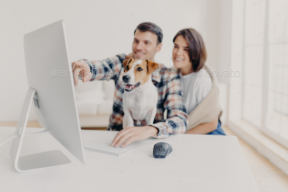 Pleased young woman and man watch computer content, point into screen ...