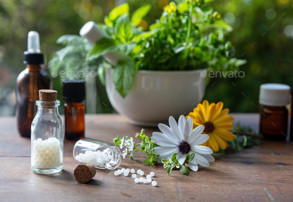 Homeopathy pharmacy, natural medicine. Homeopathic globule and bottle ...