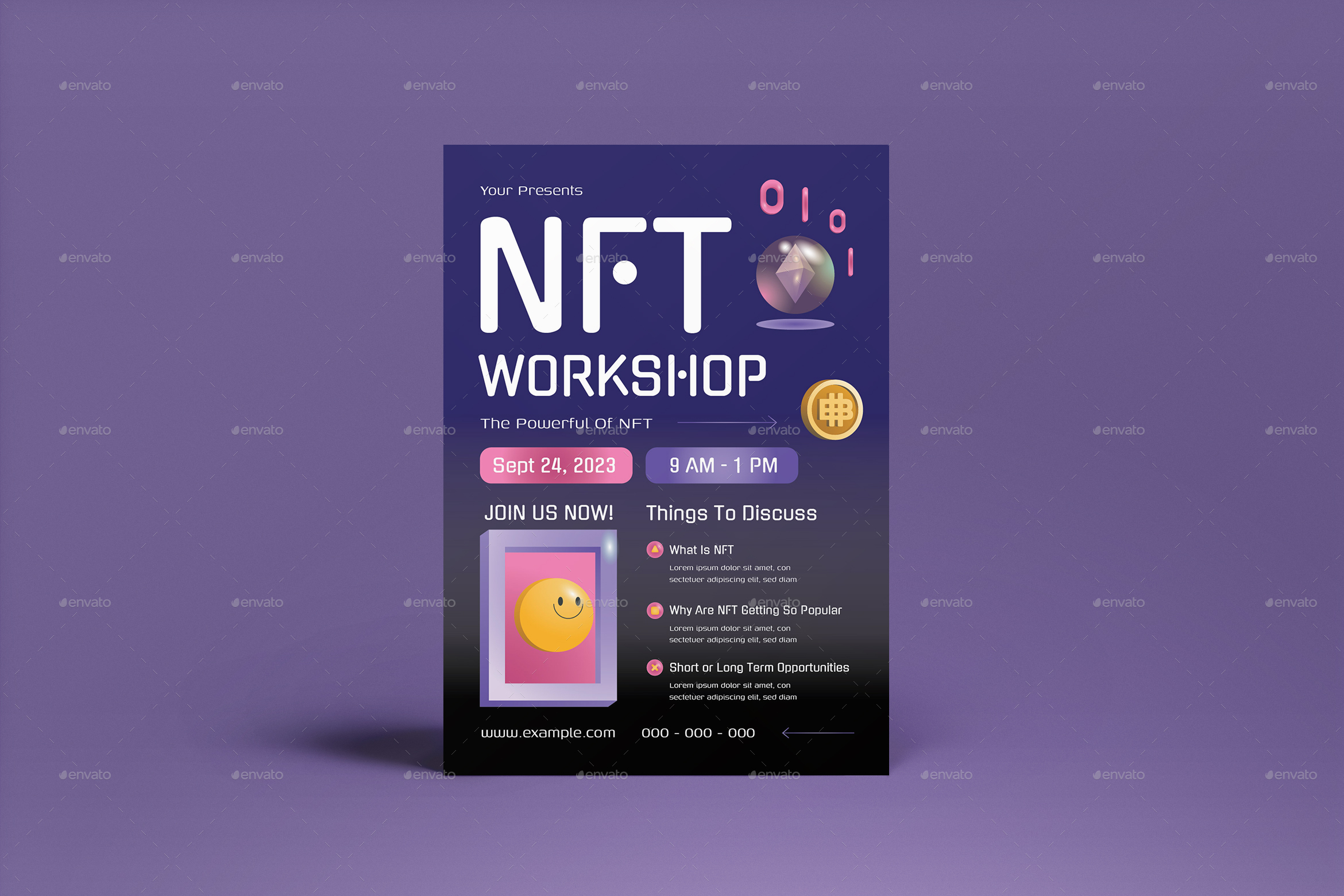 NFT 3D Purple Flyer, Print Templates | GraphicRiver