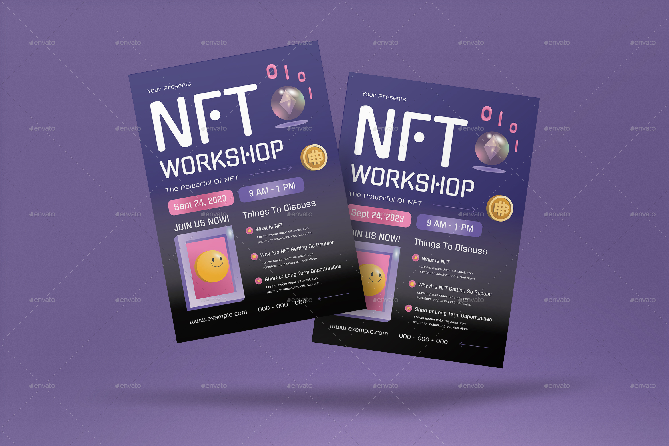 NFT 3D Purple Flyer, Print Templates | GraphicRiver