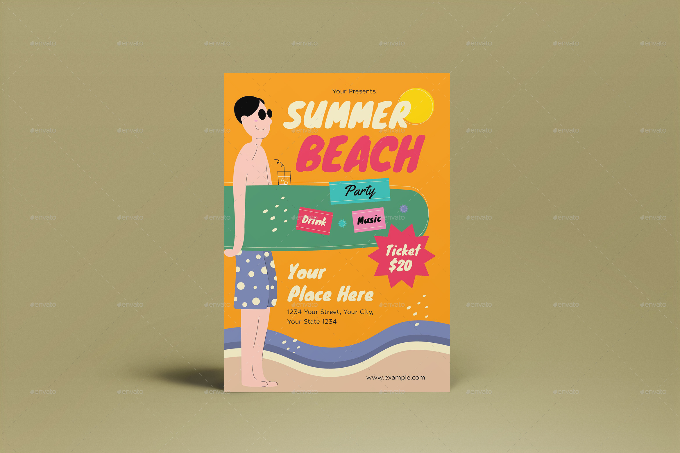 Yellow Flat Design Beach Party Flyer, Print Templates | GraphicRiver