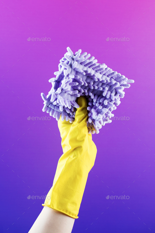Hand in latex glove holds fluffy rag to wipe dust on purple background ...
