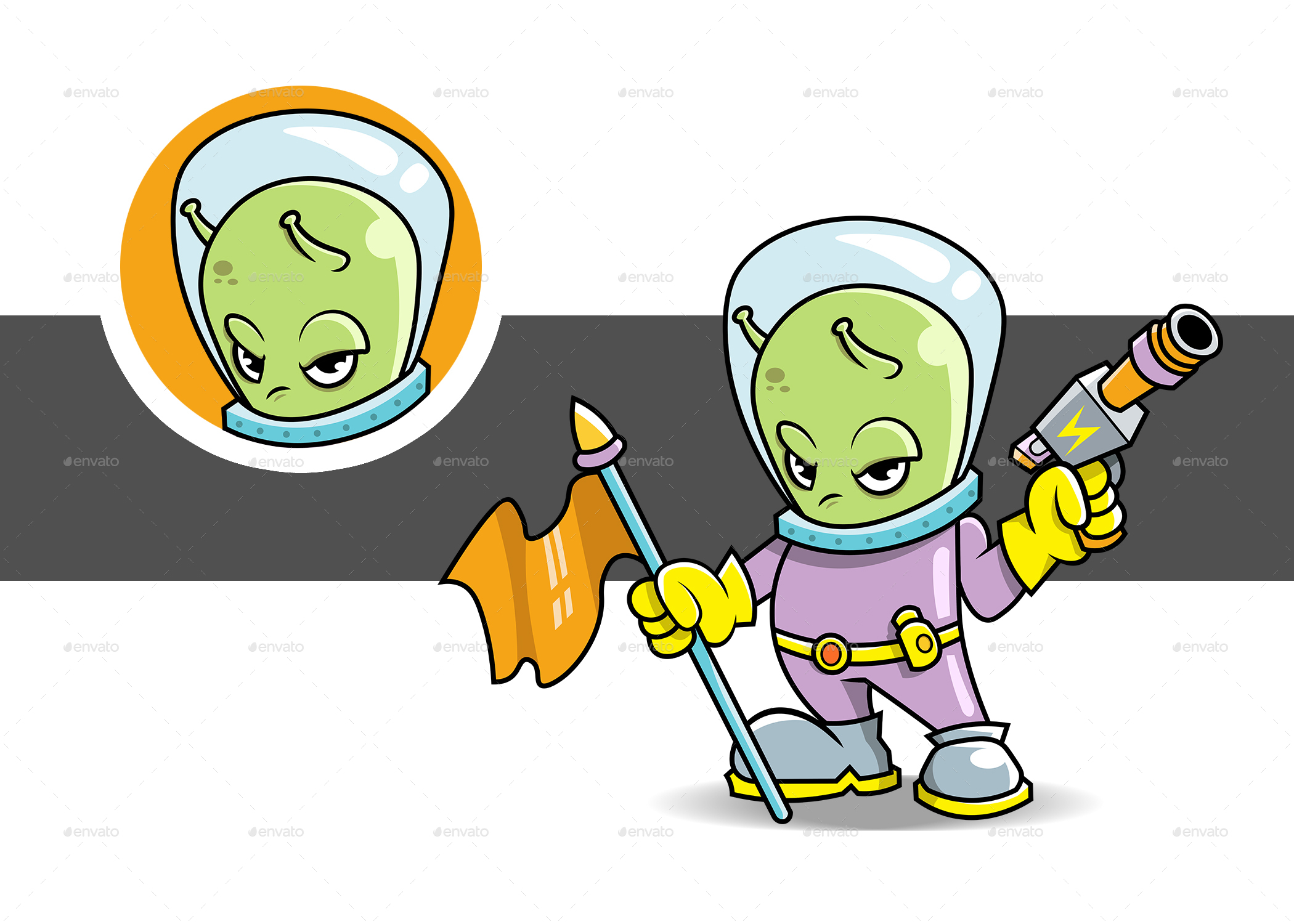 Cartoon Green Alien With Space Gun, Vectors | GraphicRiver