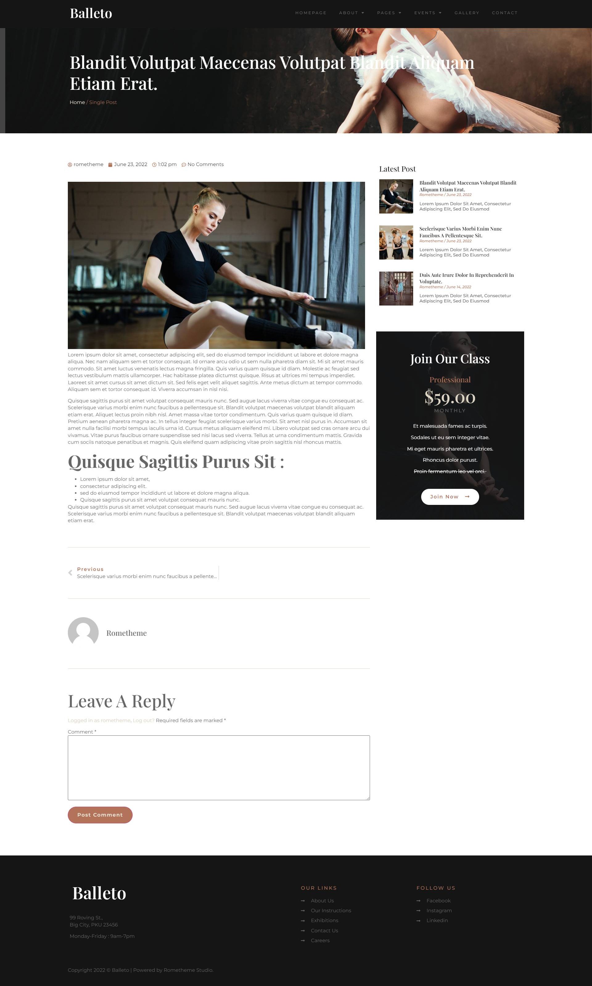 Balleto - Ballet School Elementor Pro Full Site Template Kit by Rometheme