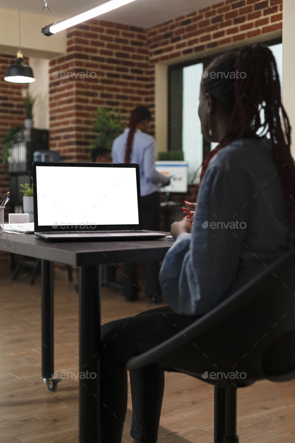 Business company employee working on computer with chroma key and ...
