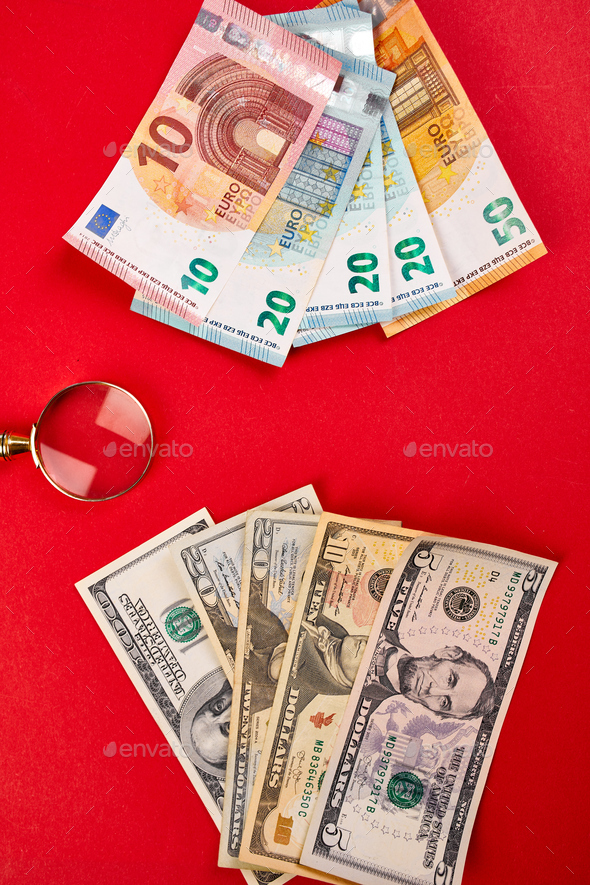 Flat lay of banknotes of money dollars and euro, exchange rate Stock ...