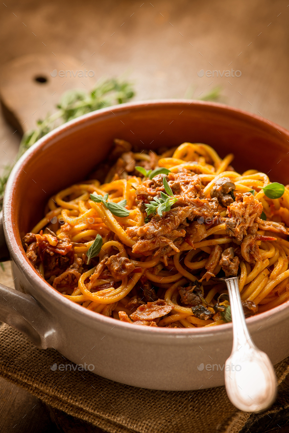 spaghetti with hare ragout traditional italian recipe Stock Photo by ...