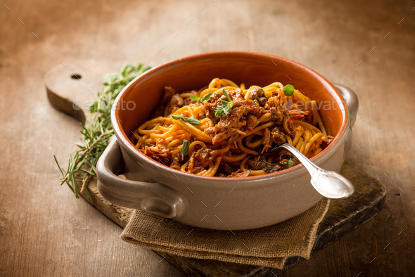spaghetti with hare ragout traditional italian recipe Stock Photo by ...