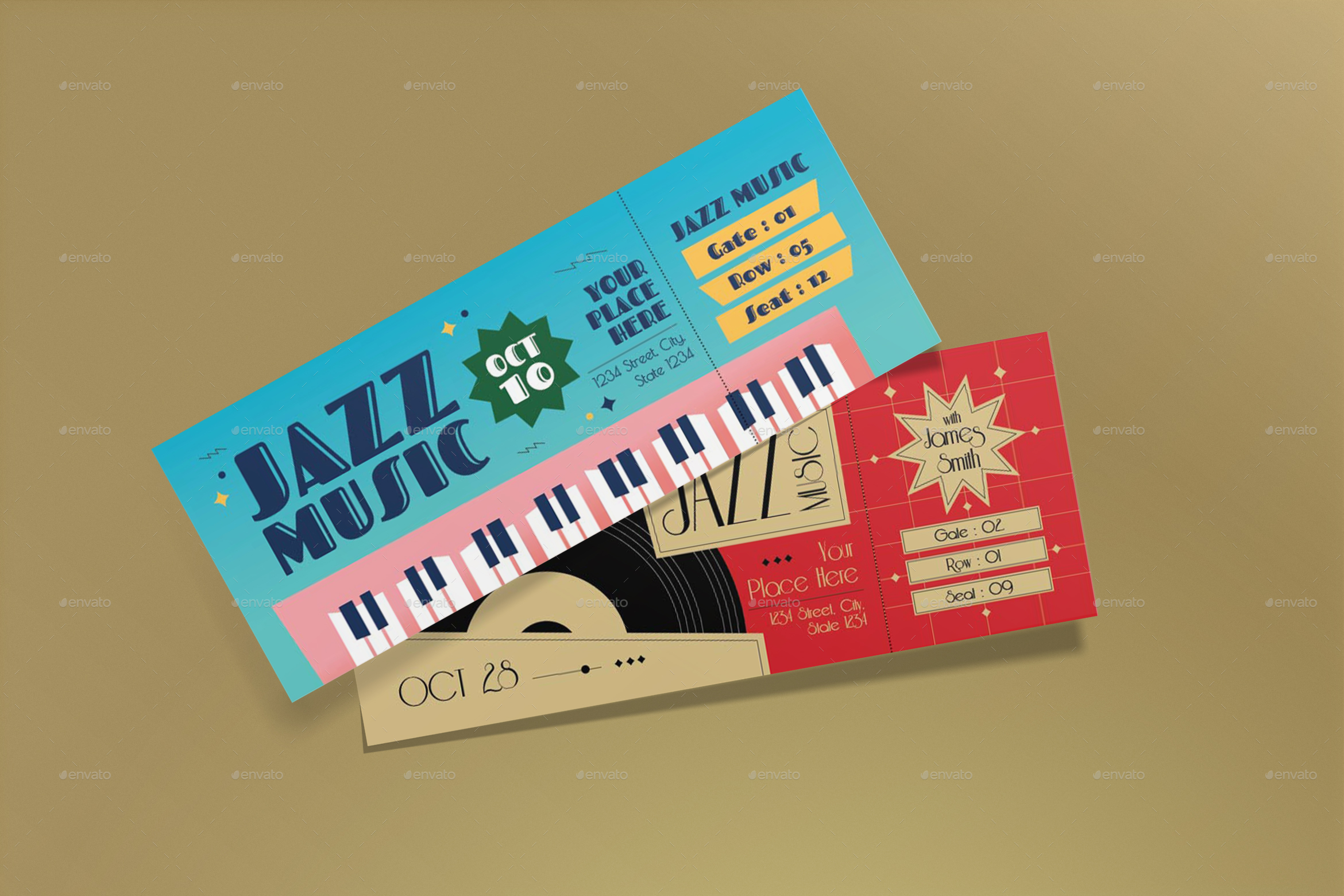Blue and Red Art Deco Jazz Music Festival Ticket, Print Templates ...