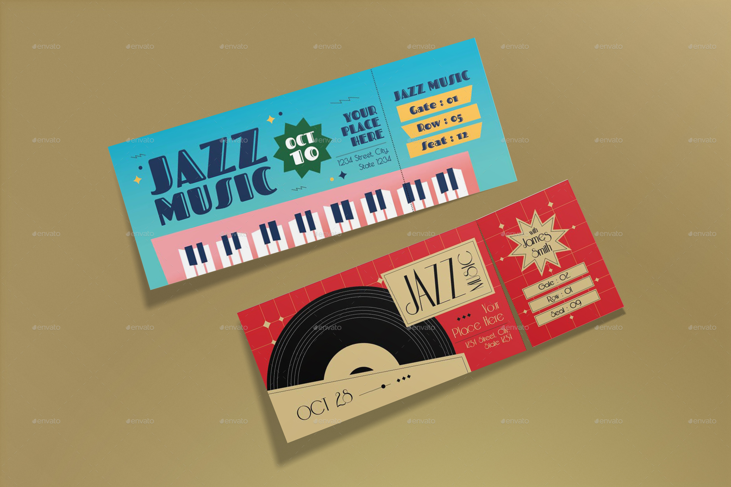 Blue and Red Art Deco Jazz Music Festival Ticket, Print Templates ...
