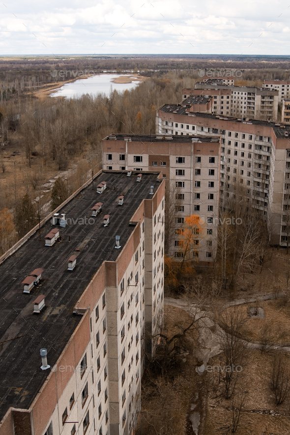 View from roof of 16-storied apartment house in Pripyat town, Chernobyl ...