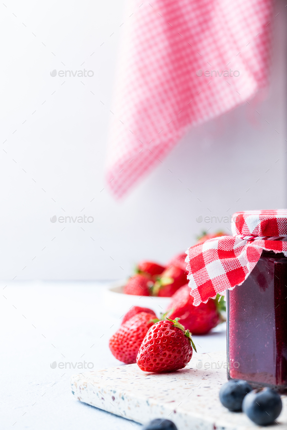 Berry fruits jam, kitchen food background, product placement mockup ...