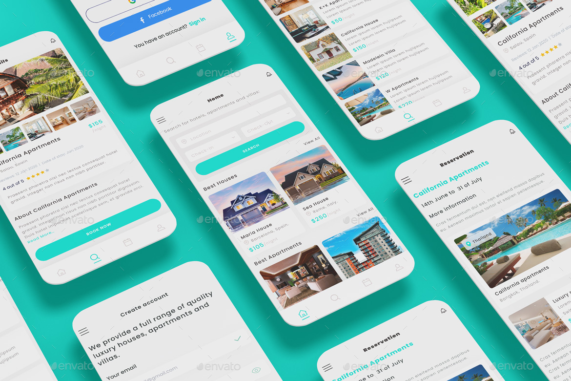 Book Holiday House, apartments & villas app UI Kit, Web Elements ...
