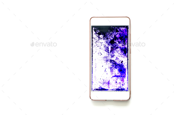 phone with a broken screen. dark spots of purple, blue and black over ...