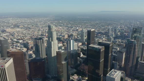 AERIAL: Wide View of Downtown Los Angeles, California Skyline at ...