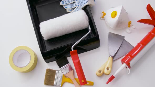 Different Painting Work Tools on White Background, Stock Footage ...