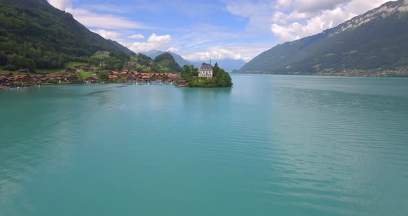 Aerial travel drone view of Iseltwald, Lake Brienz, Switzerland., Stock ...