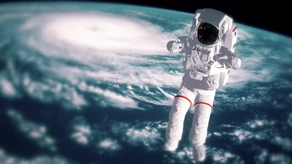 Astronaut Falls To Earth in the Open Space. Spacewalk. Earth with a ...